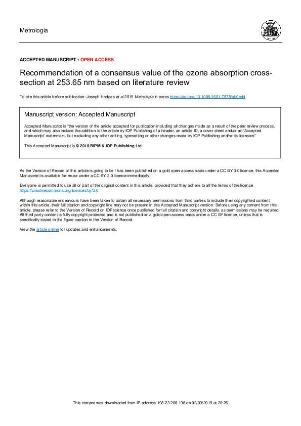 (PDF) Recommendation of a consensus value of the ozone absorption cross ...