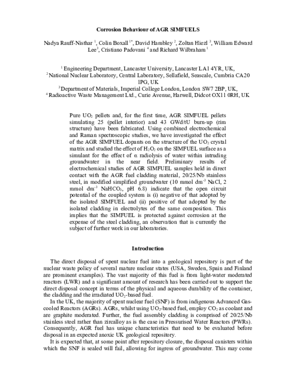 (DOC) Corrosion Behaviour of AGR SIMFUELS