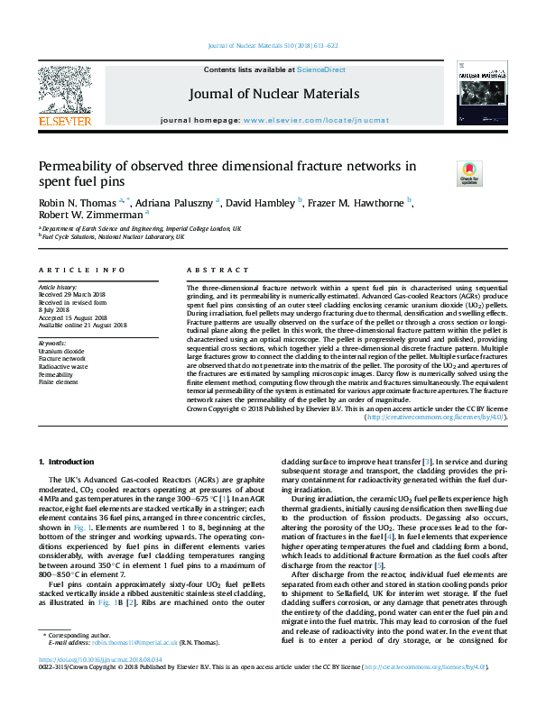 (PDF) Permeability of observed three dimensional fracture networks in spent fuel pins | David ...