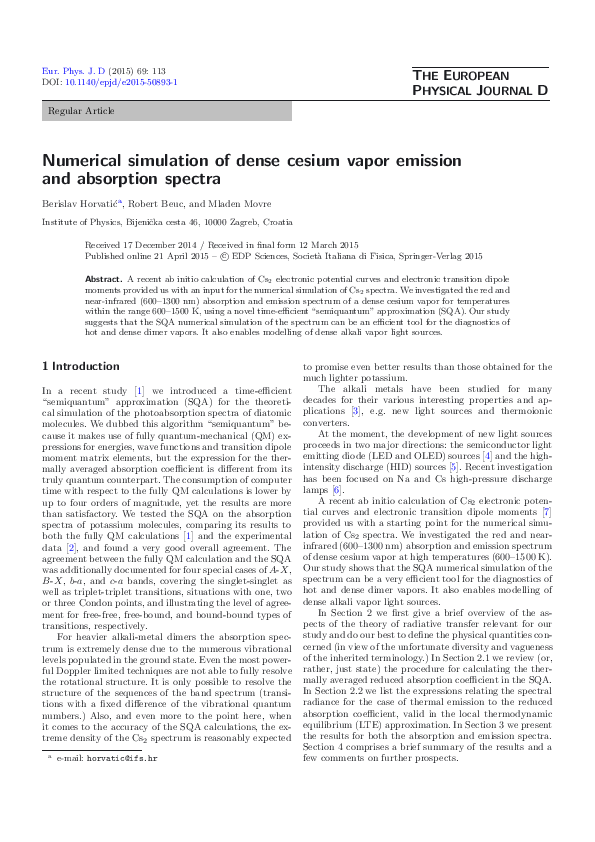 (PDF) Numerical simulation of dense cesium vapor emission and absorption spectra