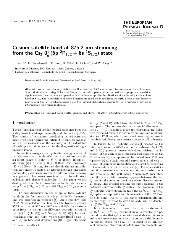 (PDF) Cesium satellite band at 875.2 nm stemming from the Cs20g+(6 p2 ...
