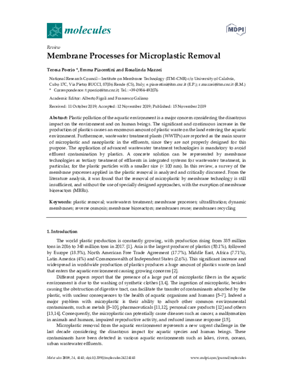 (PDF) Membrane Processes for Microplastic Removal