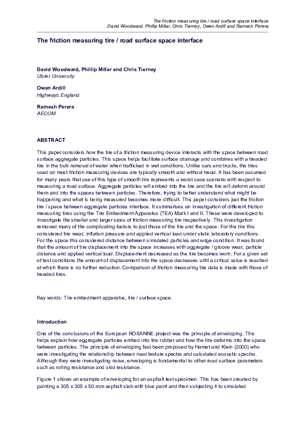 (PDF) The friction measuring tire / road surface space interface