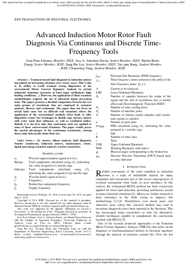 Pdf Advanced Induction Motor Rotor Fault Diagnosis Via Continuous And Discrete Time Frequency