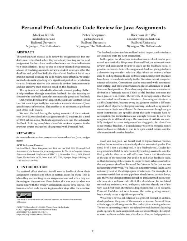 (PDF) Personal Prof: Automatic Code Review for Java Assignments
