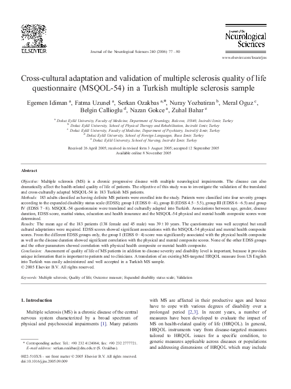 (PDF) Cross-cultural adaptation and validation of multiple sclerosis quality of life ...