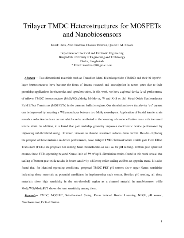 (PDF) Trilayer TMDC Heterostructures for MOSFETs and Nanobiosensors
