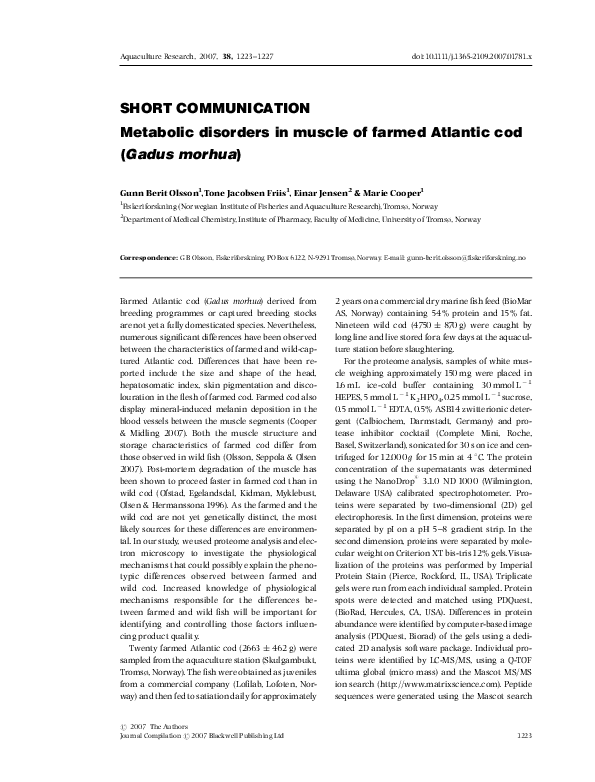(PDF) Metabolic disorders in muscle of farmed Atlantic cod (Gadus morhua)