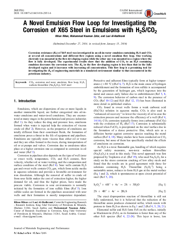 (PDF) A Novel Emulsion Flow Loop for Investigating the Corrosion of X65 ...