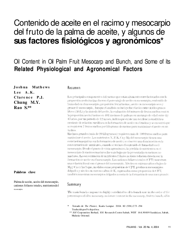 (PDF) Contenido de aceite en el racimo y mesocarpio del fruto de la ...