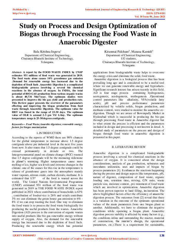 (PDF) Study on Process and Design Optimization of Biogas through Processing the Food Waste in ...