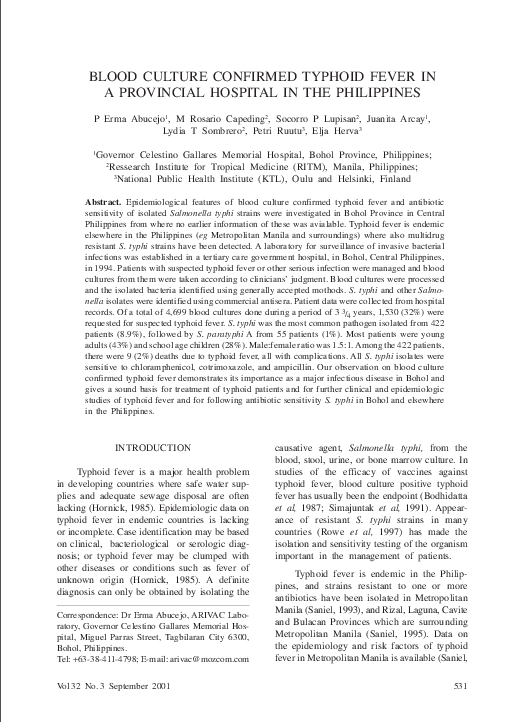 (PDF) Blood culture confirmed typhoid fever in a provincial hospital in ...