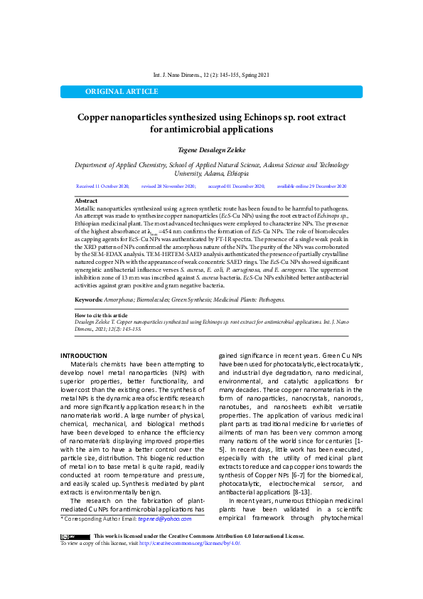 (PDF) Copper nanoparticles synthesized using Echinops sp. root extract for antimicrobial ...