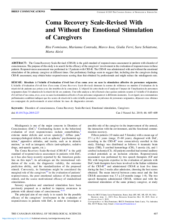Pdf Coma Recovery Scale Revised With And Without The Emotional