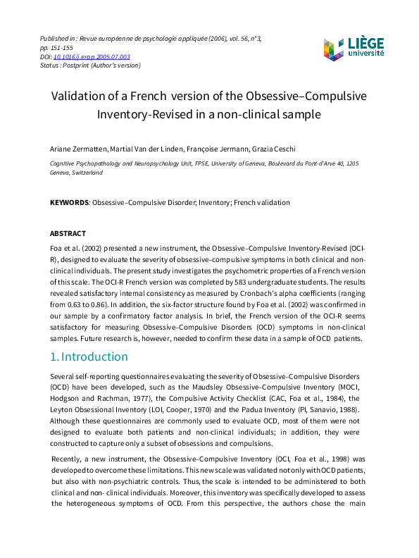 (PDF) Validation of a French version of the Obsessive–Compulsive Inventory-Revised in a non ...