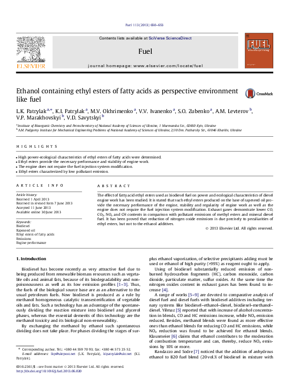 (PDF) Ethanol containing ethyl esters of fatty acids as perspective environment like fuel