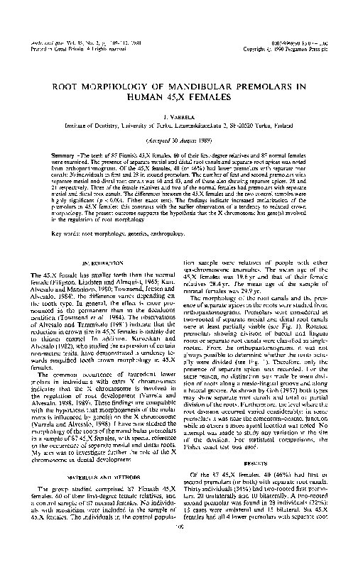 (PDF) Root morphology of mandibular premolars in human 45,X females | Juha Varrela - Academia.edu