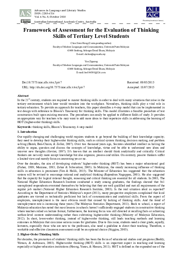 (PDF) Framework of Assessment for the Evaluation of Thinking Skills of ...