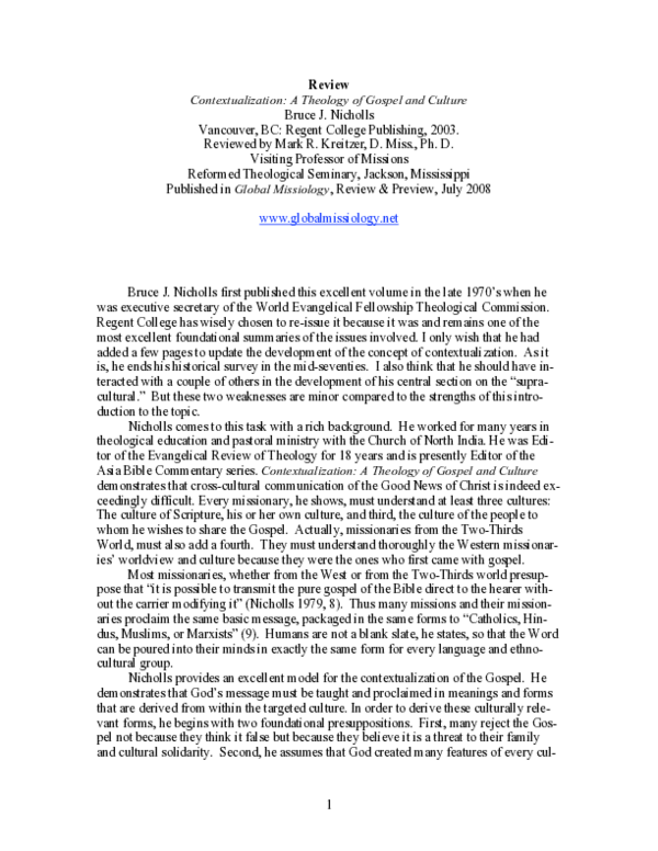 Pdf Contextualization A Theology Of Gospel And Culture