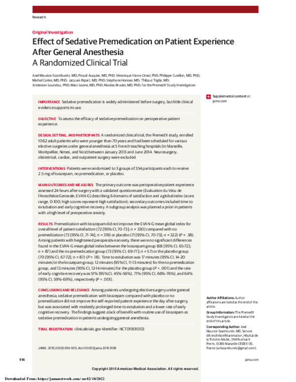 (PDF) Effect of Sedative Premedication on Patient Experience After ...