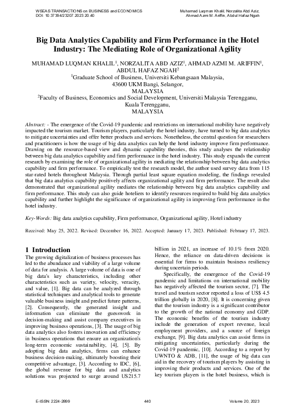 (PDF) Big Data Analytics Capability and Firm Performance in the Hotel Industry: The Mediating ...