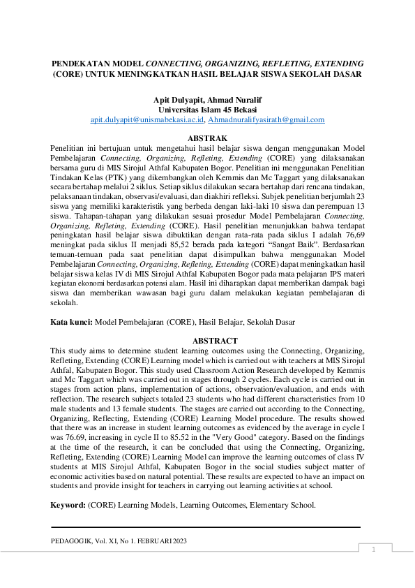 (PDF) Pendekatan Model Connecting, Organizing, Refleting, Extending (Core) Untuk Meningkatkan ...