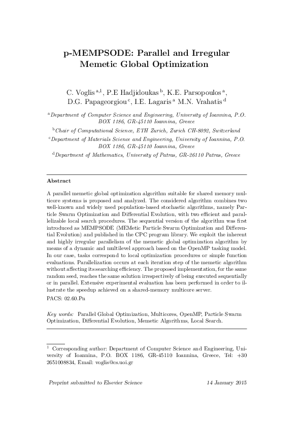 (PDF) p-MEMPSODE: Parallel and irregular memetic global optimization