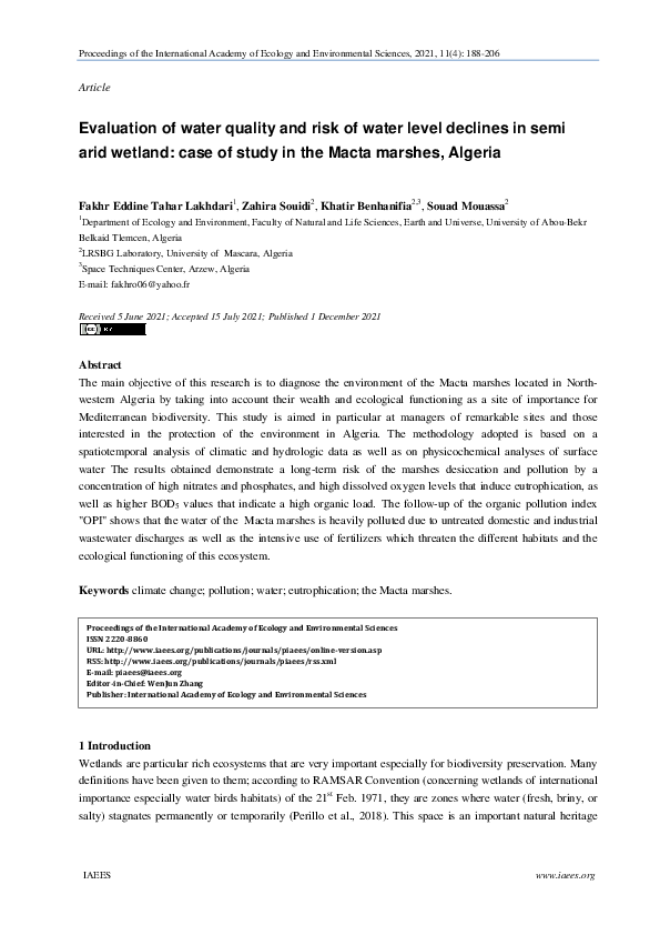 (PDF) Water Quality Assessment and Pollution Risk in Macta Marshes