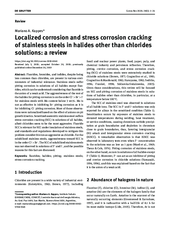 (PDF) Localized corrosion and stress corrosion cracking of stainless steels in halides other ...