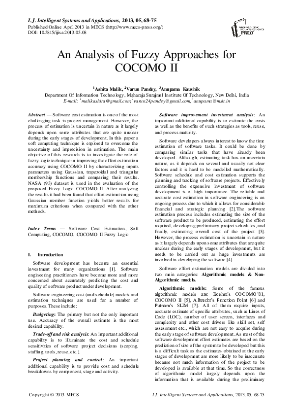 Pdf An Analysis Of Fuzzy Approaches For Cocomo Ii