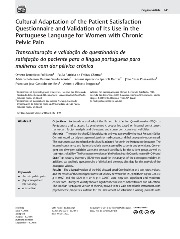 (PDF) Cultural Adaptation of the Patient Satisfaction Questionnaire and Validation of Its Use in ...