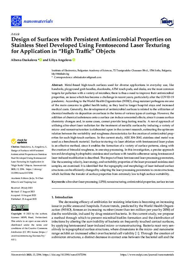 (PDF) Design of Surfaces with Persistent Antimicrobial Properties on Stainless Steel Developed ...