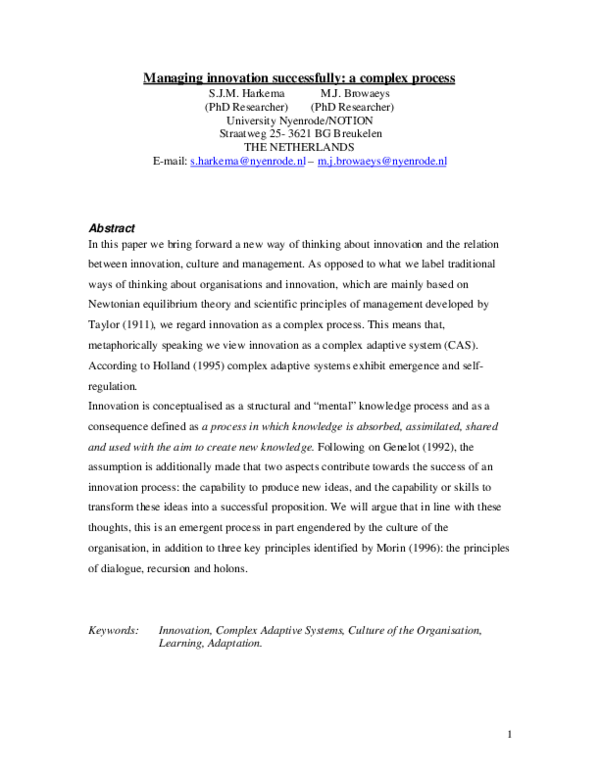 (PDF) Managing innovation successfully: a complex process