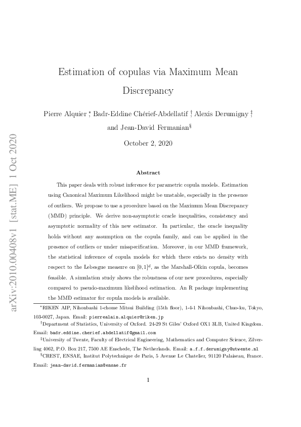 (PDF) Estimation of Copulas via Maximum Mean Discrepancy