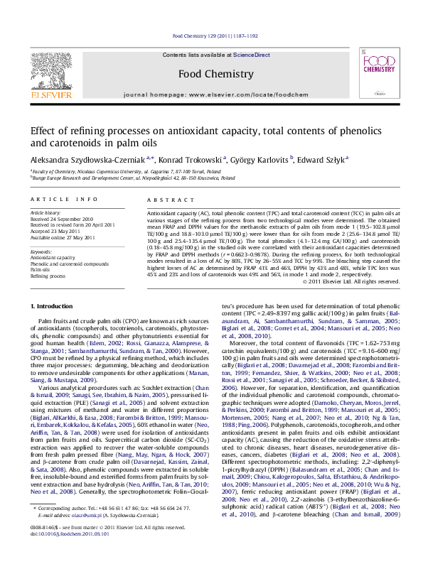 (PDF) Effect of refining processes on antioxidant capacity, total contents of phenolics and ...