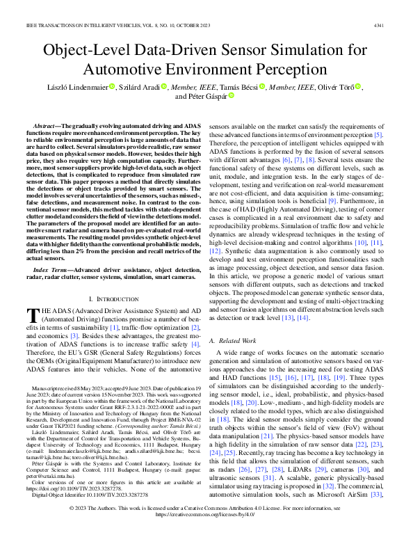 (PDF) Object-Level Data-Driven Sensor Simulation for Automotive Environment Perception