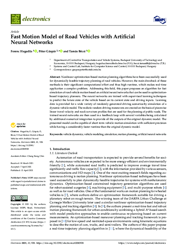 (PDF) Fast Motion Model of Road Vehicles with Artificial Neural Networks