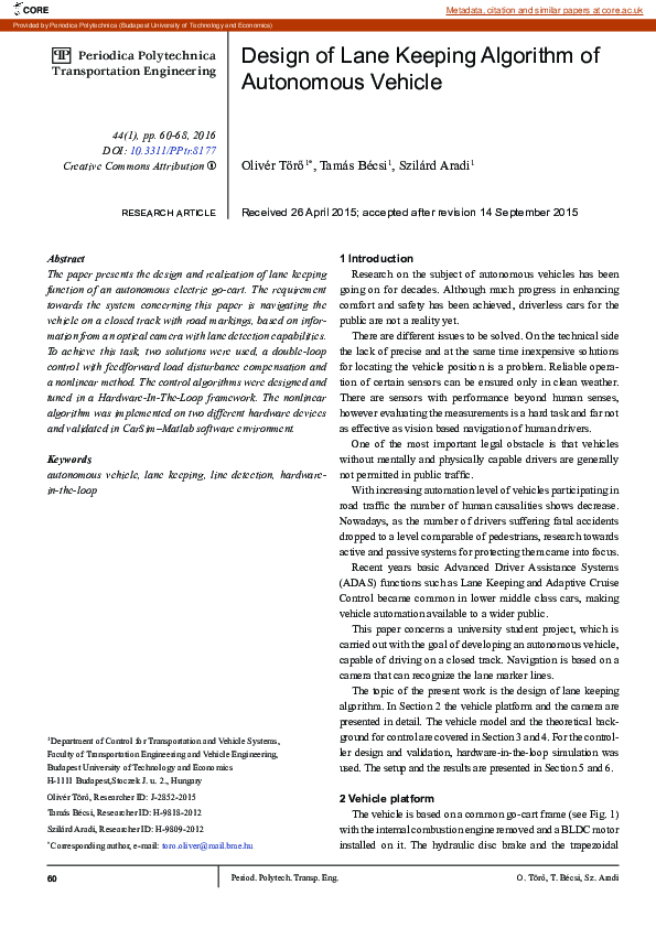 (PDF) Design of Lane Keeping Algorithm of Autonomous Vehicle | Tamás Bécsi - Academia.edu