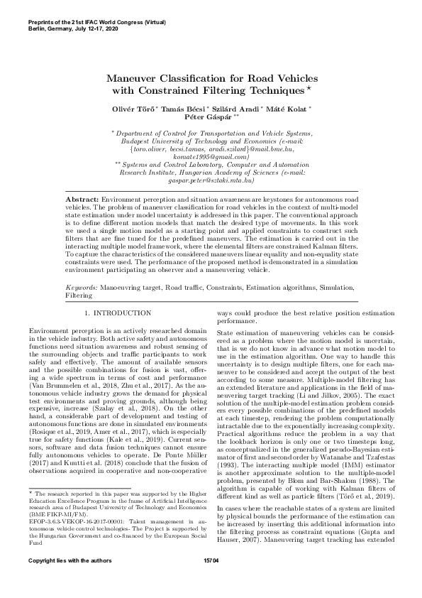 (PDF) Maneuver Classification for Road Vehicles with Constrained Filtering Techniques