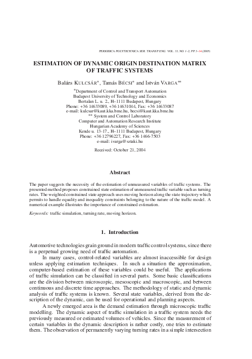 (PDF) Estimation of Dynamic Origin Destination Matrix of Traffic Systems