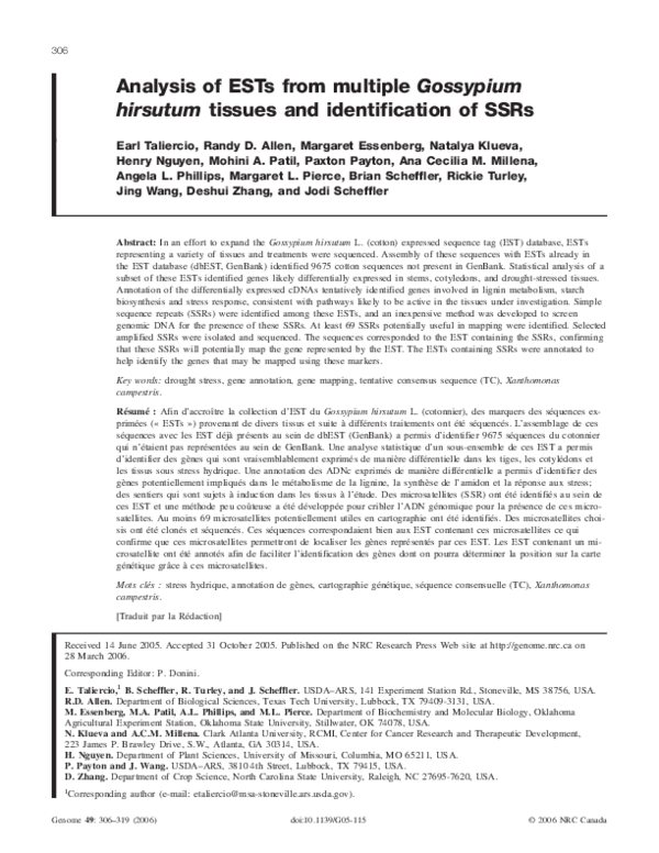 (PDF) Analysis of ESTs from multiple Gossypium hirsutum tissues and identification of SSRs