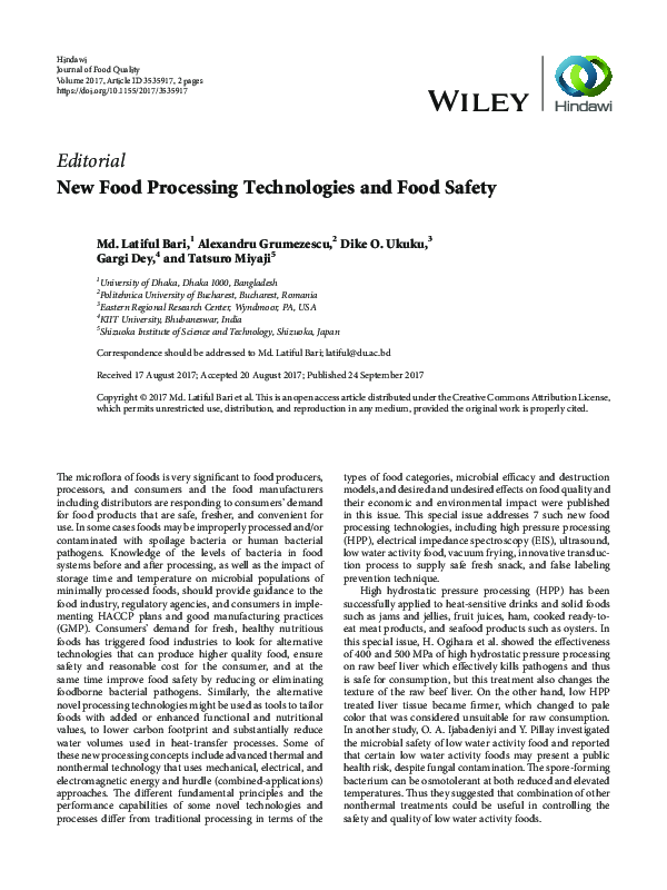 (PDF) New Food Processing Technologies and Food Safety