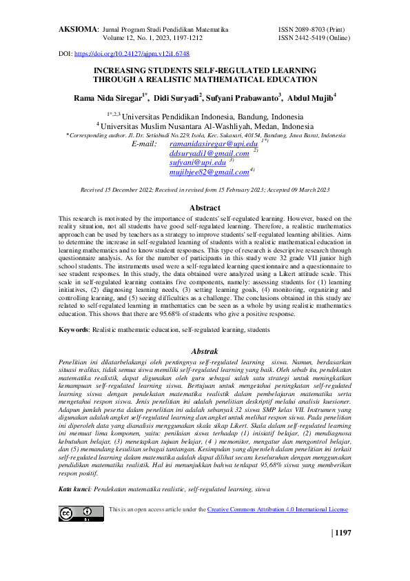 (PDF) Increasing Students Self-Regulated Learning Through a Realistic Mathematical Education