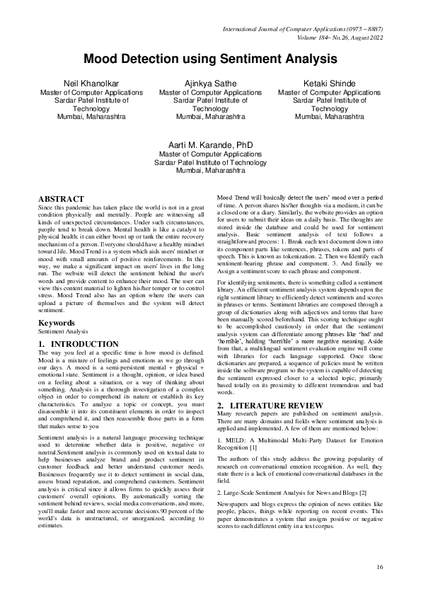(PDF) Mood Detection using Sentiment Analysis