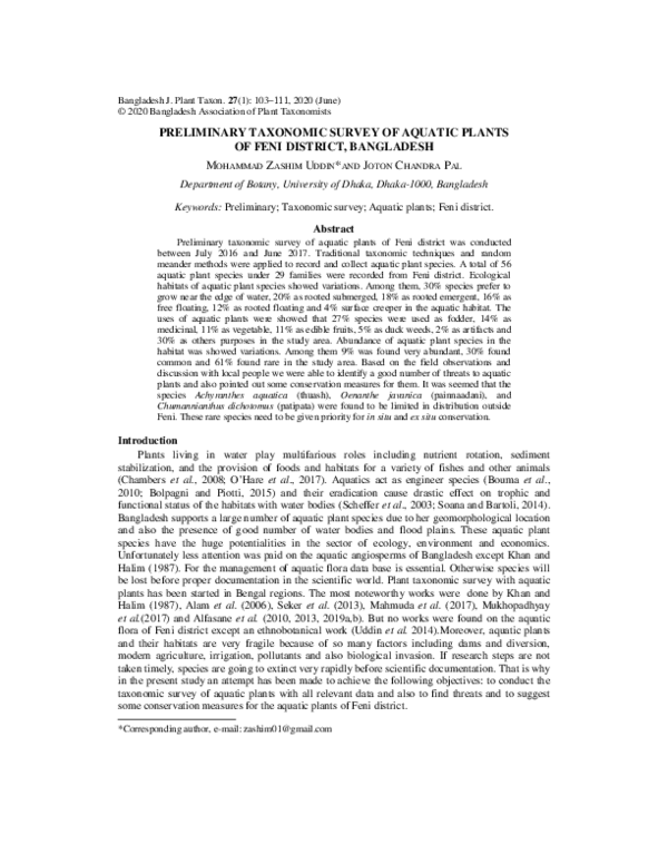 (PDF) Preliminary taxonomic survey of aquatic plants of Feni district ...