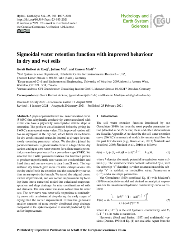 (PDF) Sigmoidal Water Retention Function with Improved Behavior in Dry ...