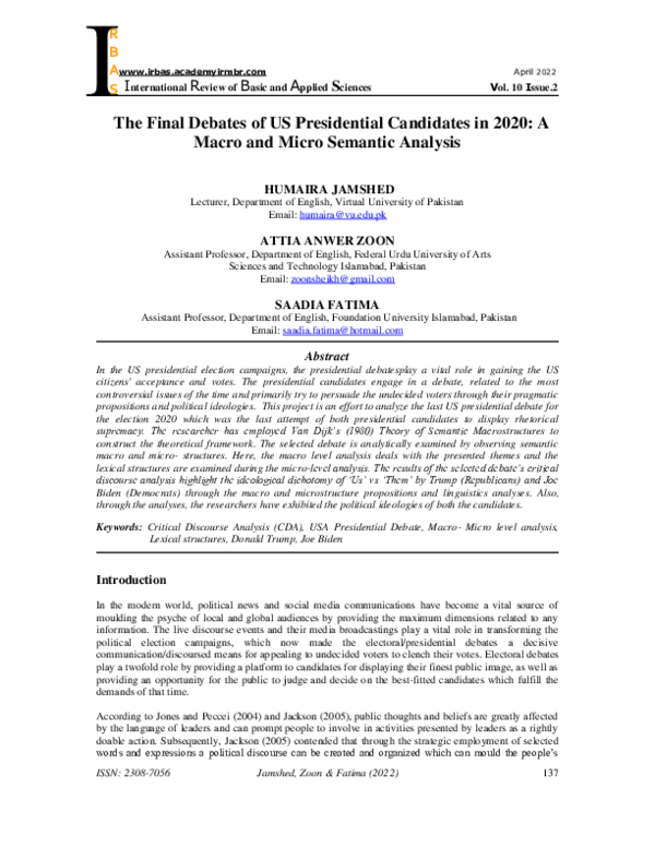 (PDF) The Final Debates of US Presidential Candidates in 2020: A Macro ...