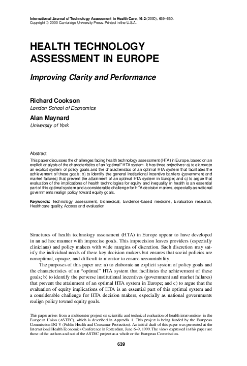 (PDF) Health Technology Assessment in Europe