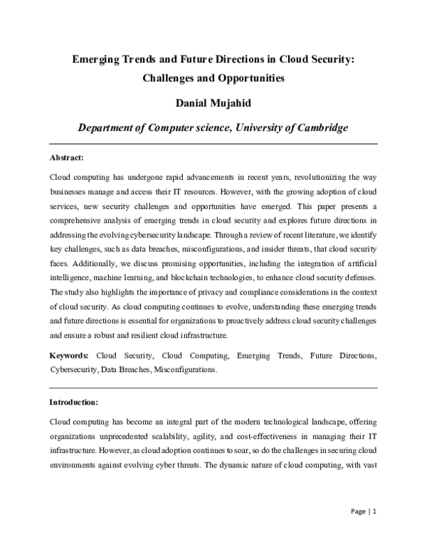 (PDF) Emerging Trends and Future Directions in Cloud Security: Challenges and Opportunities