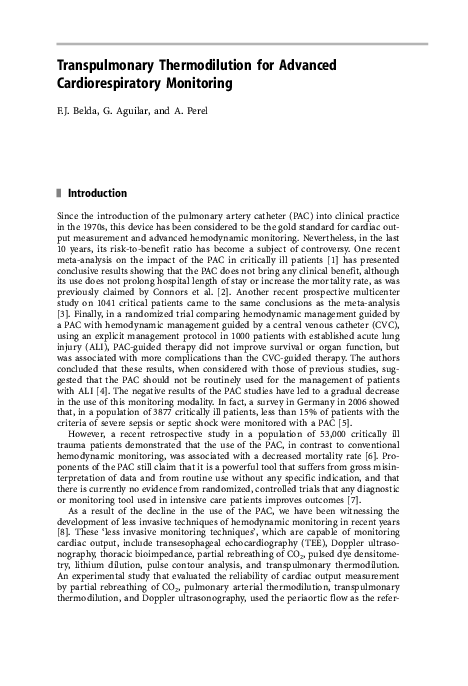 Pdf Transpulmonary Thermodilution For Advanced Cardiorespiratory Monitoring J Belda